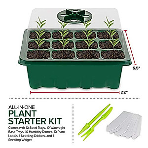 Seed Starter Kit (10 Pack) 12 Cell (120 Total) Seedling Plant Germination Tray for Gardening, Set with: Garden Dome Lids, Base Seed Trays for Soil, Planting Hand Tools, Dibber, Widger, & Plant Tags
