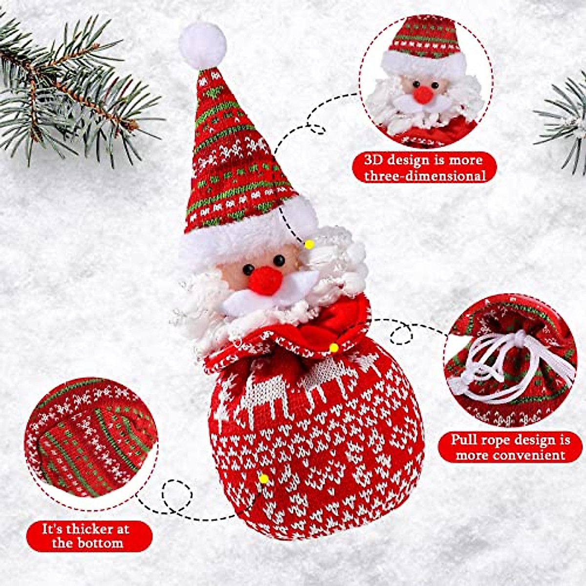 Christmas Gift Doll Bags with Drawstring Reusable, Knitted Burlap Santa Gifts Bags with Drawstring Santa Claus, Snowman, Elk, Bear for Kids Holiday Wrapping (4 Pcs)