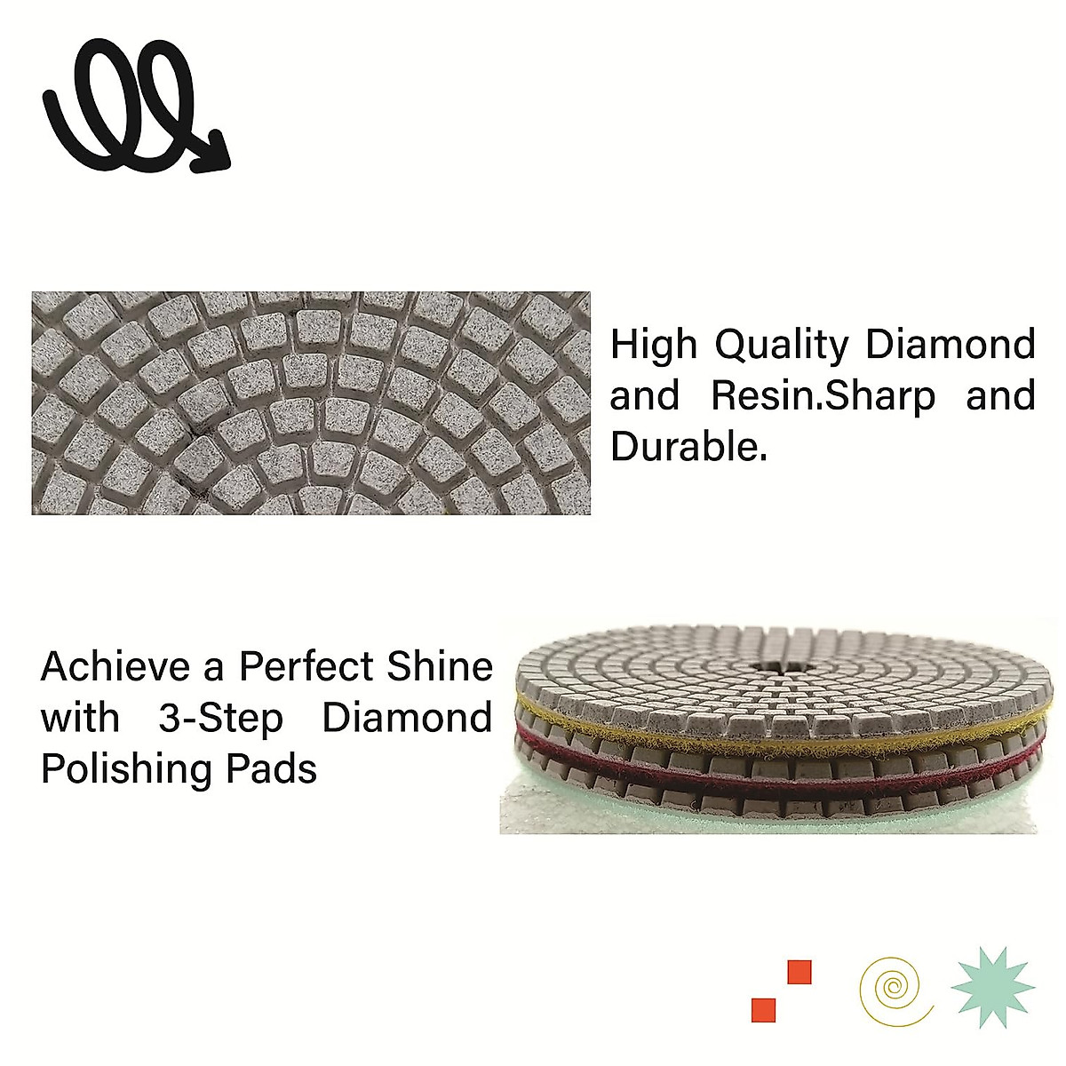 ComeFloor 4 Inch Wet/Dry 3 Step Diamond Polishing Pads for Granite Marble Concrete Stone, Step 1-3 Hook and Loop Backing