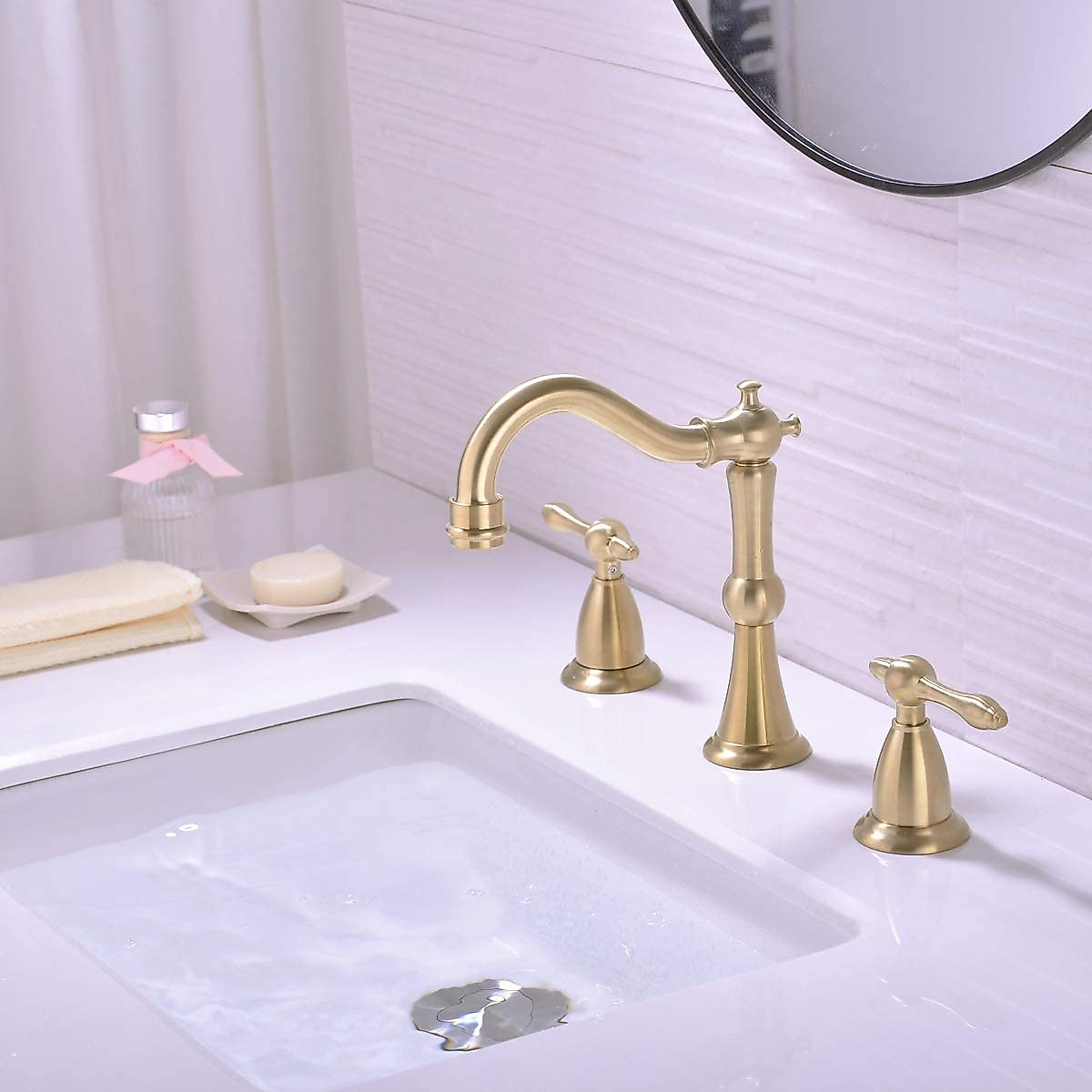 TRUSTMI 2 Handle 8-Inch Bathroom Faucet with Pop-up Drain Assembly and cUPC Water Supply Hoses, 3 Hole Widespread Lavatory Sink Faucet, Brushed Gold