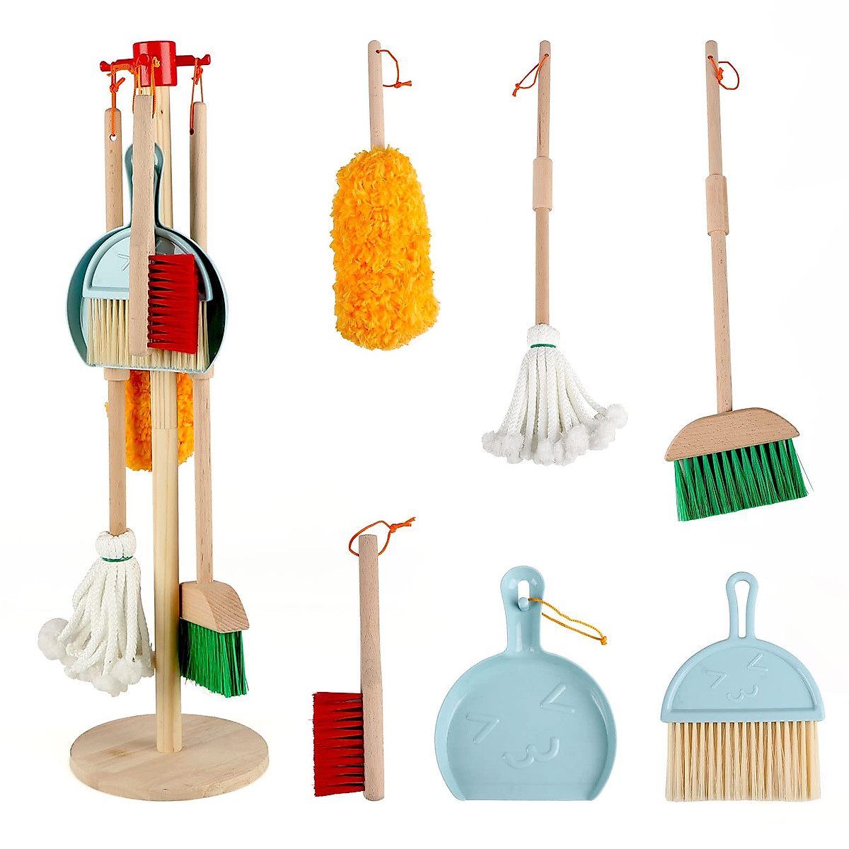 FOPNETS Kids Cleaning Set Toys 7 Piece Cleaning Toys for Toddlers Pretend Play Cleaning Tools for Kids Wooden Detachable Housekeeping Broom Dustpan Duster Brush Mop