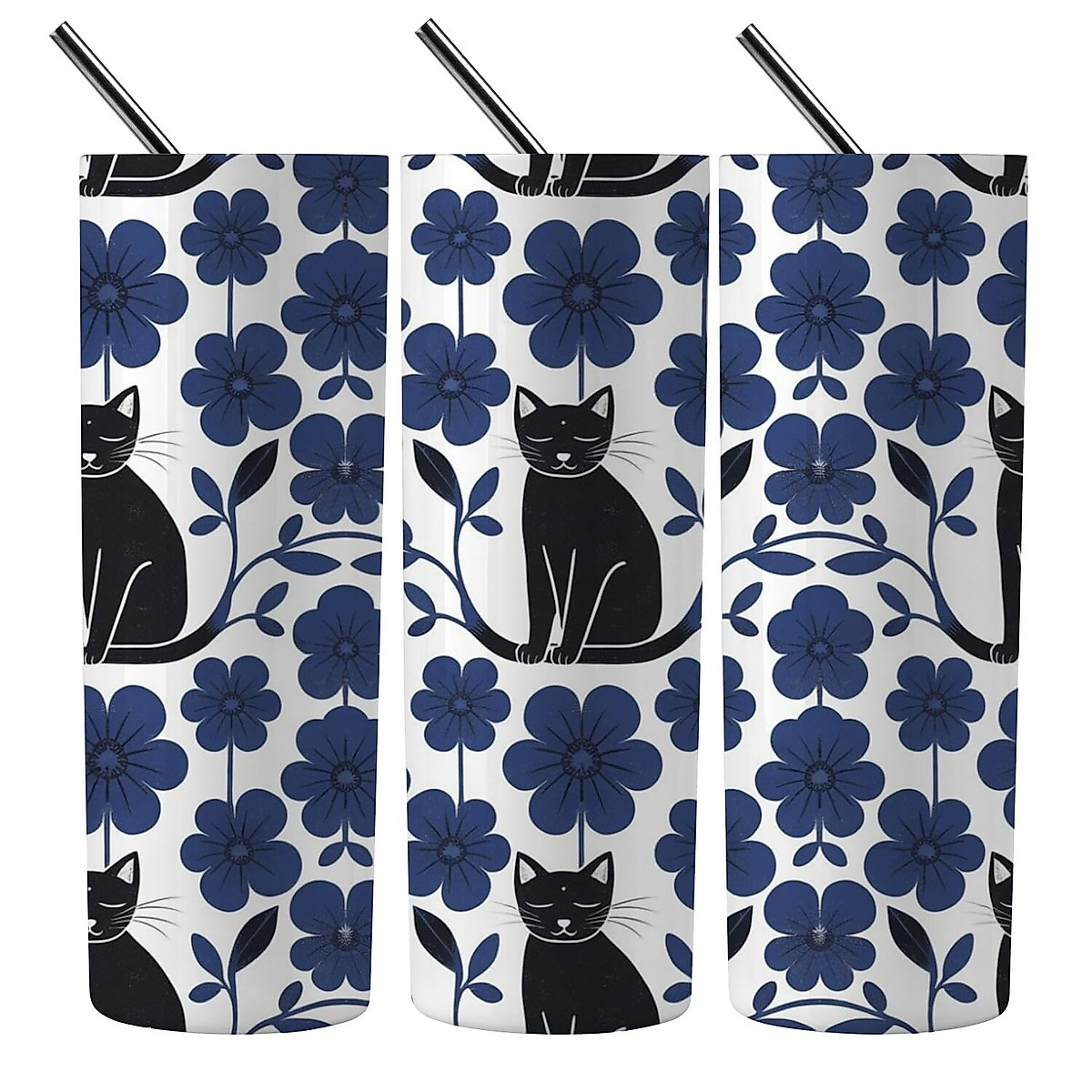 Medpol Cat and floral print tumbler with lid and straw 20 oz insulated tumbler cups Cat and floral print insulated travel coffee mugs for women cute sippy cups stainless insulated travel cups