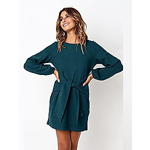PRETTYGARDEN Women’s Elegant Long Lantern Sleeve Short Dress Crewneck Tie Waist Knit Cocktail Dress (Lake Blue, X-Large)