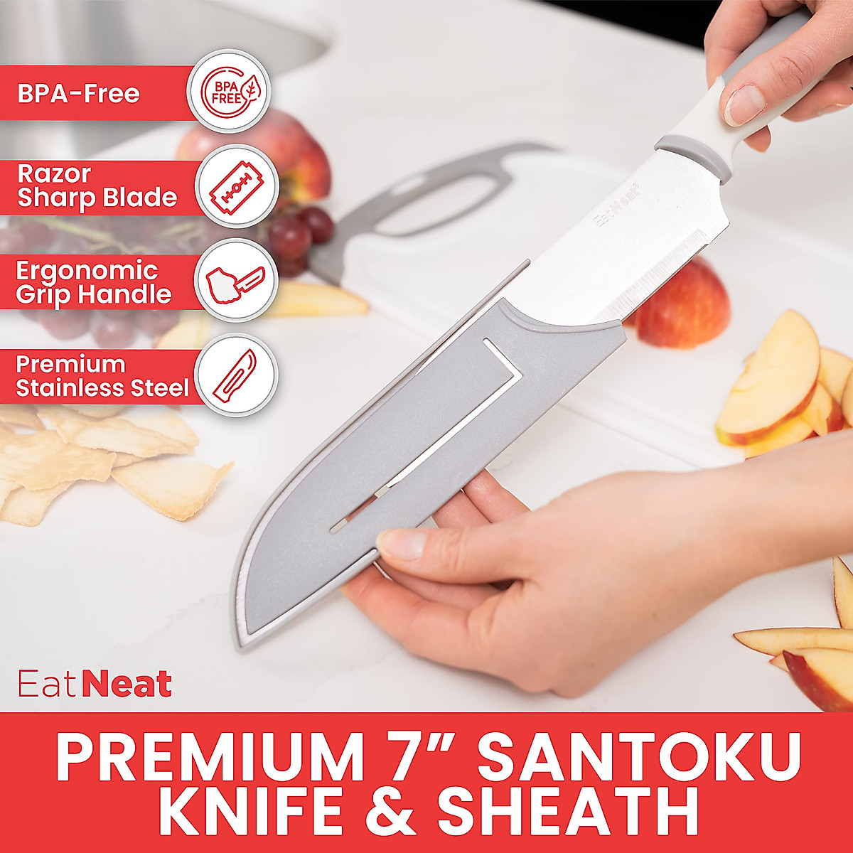 EatNeat 12 Pc Colorful Kitchen Knife Set - Camper Must Haves 5 Stainless Steel Knives with Safety Sheaths 5 pc Cutting Board and Kitchen Knife Set