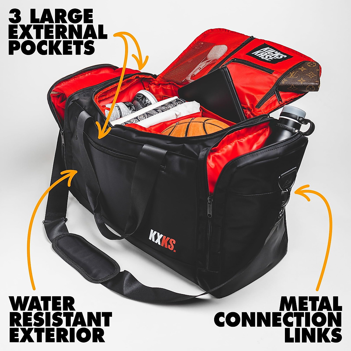 KXKS. (Kicks Kase Premium Sneaker Bag & Travel Duffel Bag - 3 adjustable compartment dividers - For shoes, clothing and gym (Black/Red)