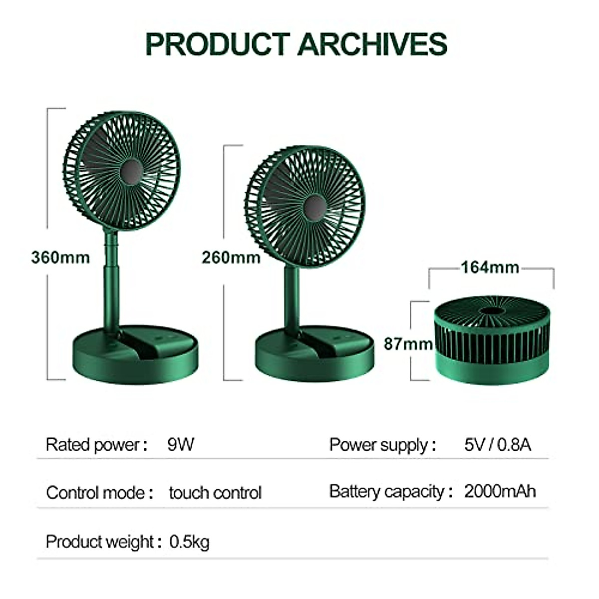 Maelifu Folding Fan Quiet 3- Speed Wind Highly Stretchable Simulated Natural Wind 180 ° Adjustment Battery Powered or USB Powered Home Desk Bedroom Portable Travel Mini Decorative Fan（Green