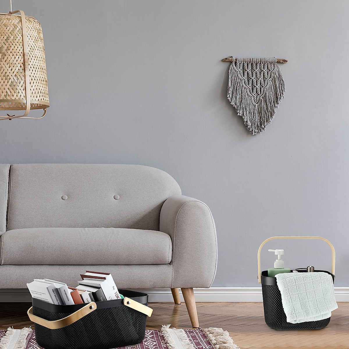 Sadnyy 4 Pcs Plastic Mesh Garden Harvest Basket Storage Basket with Wooden Handle Multi Functional Mesh Bin for Kitchen Cabinet Picnic Fruit Vegetable Gathering Organizer(Large, Small,Black)