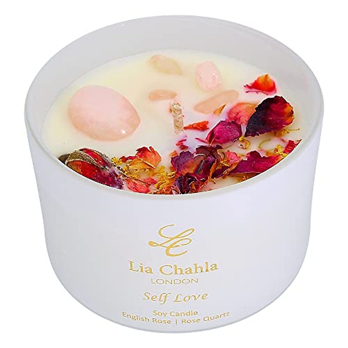 LIA CHAHLA LONDON Luxury ‘Self-Love’ Rose Quartz Candle 6 oz – Scented English Rose Candle – Hidden Gem Candle Infused w/Essential Oils – 100% Soy Candle (Self Love/Rose - Rose Quartz, 6 Oz)