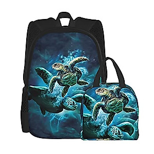 ICOMON Sea Turtle Patterned Backpack And Lunch Box Set For Boys And Girls School Two-Piece Picnic Travel Set