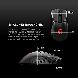 MSI Clutch GM31 Lightweight Wireless Ergonomic Gaming Mouse & Charging Dock, 12K DPI Optical Sensor, 60M Omron Switches, Fast-Charging 110Hr Battery, RGB Mystic Light, 5 Programmable Buttons, PC/Mac