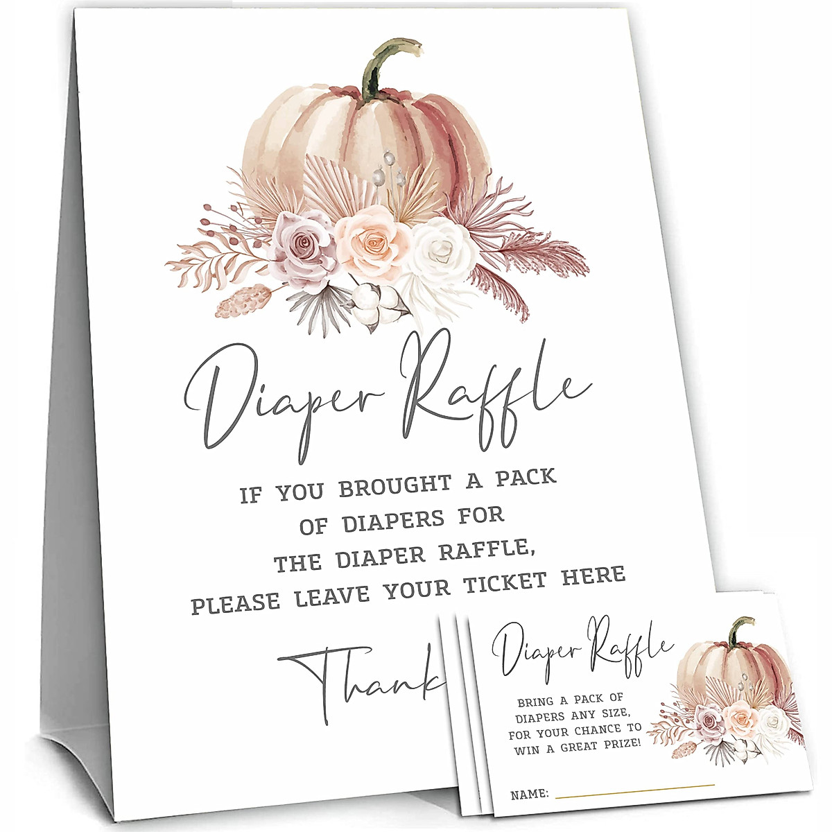 Pumpkin Baby Shower Game Cards, 50 Diaper Raffle Tickets and 1 Self-standing Diaper Raffer Sign-（LBLK-008）