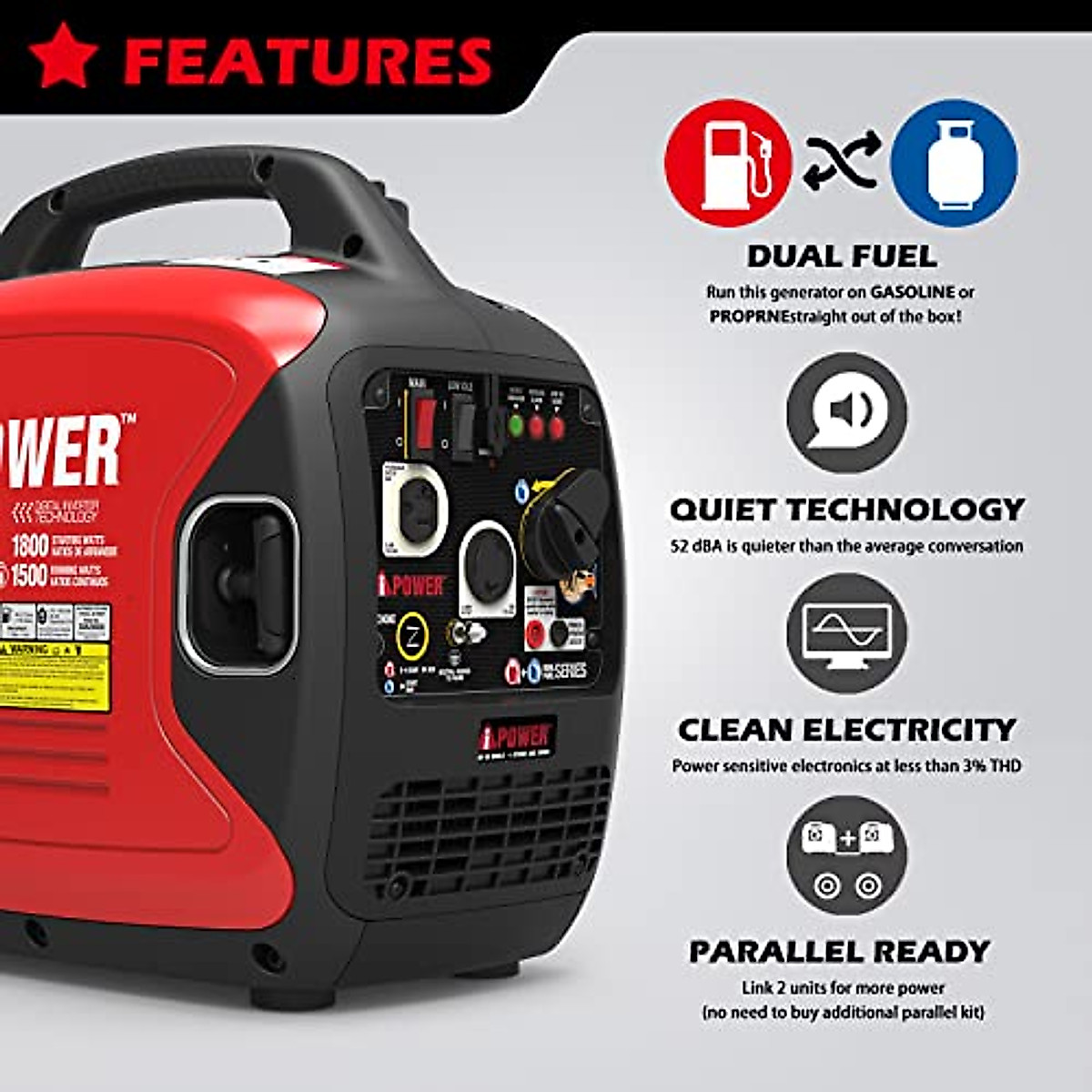 A-iPower SUA2000iD 2000 Watt Portable Inverter Generator Gas & Propane Powered, Small with Super Quiet Operation for Home, RV, or Emergency