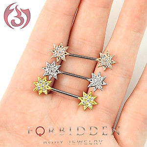 Forbidden Body Jewelry nipple rings, 14mm stainless steal nipple ring, CZ supernova star nipple piercing jewelry, nipple rings for women and men, nipple barbells for women and men.