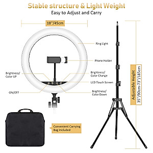 Ring Light 18 Inch with Tripod Stand, 55W 5700K Dimmable Selfie LED Ring Light with 73" Tripod Stand and 3 Phone Holder, Circle Light for Make Up, YouTube, Video Shooting, Live Stream, Vlog, CRI > 95