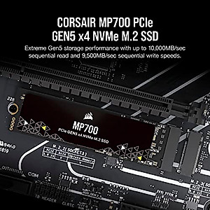 Corsair MP700 1TB PCIe Gen5 x4 NVMe 2.0 M.2 SSD – High-Density TLC NAND – Aluminum Heatsink – M.2 2280 – DirectStorage Compatible – Up to 10,000MB/sec – PCIe Gen4 & Gen3 Backwards Compatible – Black