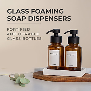 MaisoNovo Glass Foaming Soap Dispenser 14 Oz | Amber Glass Black Pumps x 2 with Tray