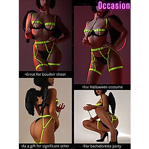 Kaei&Shi Garter Lingerie For Women,Glow In The Dark Blacklight Strappy Underwire Choker Sexy Lingerie,Adjustable Straps Sheer Thong Belt Matching 4 Piece Lingerie Set Boudoir Neon Green Medium