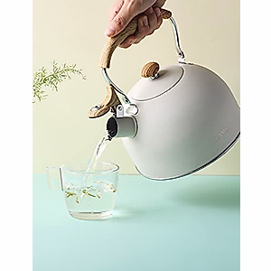 Tea Kettle, BELANKO 85 OZ / 2.5 Liter Whistling Tea Kettle Pots for Stove Top Food Grade Stainless Steel with Wood Pattern Folding Handle, Loud Whistle for Tea, Coffee, Milk - Milk White