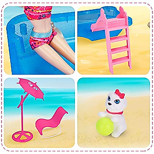 Deluxe Doll Pool Play Set, Doll Glam Pool with Slide&Dolls Accessories&Beach Umbrella&Chair, Suitable for Dolls Up to 12 Inch, Kids Gifts for 3 to 7 Year Olds Girls, Bath Toys for Toddlers