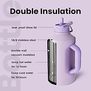 BOTTLE BOTTLE Insulated Water Bottle 64 oz with Straw and Dual-use Lid Stainless Steel Water Bottle with Handle Stainless Steel Jug for Workout Gym Soccer and More Sports purple