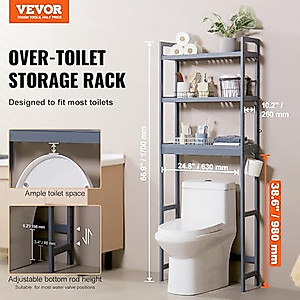 VEVOR Over the Toilet Storage, 3-Tier Adjustable Over Toilet Bathroom Organizer, Bamboo Storage Shelf Rack with 3 Hooks, Freestanding Easy Assembly Laundry Space Saver, Fit Most Toilets, Gray