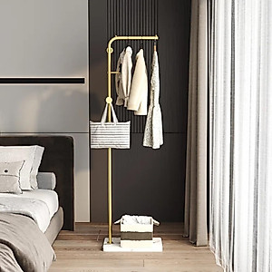HOMEFORT Metal Coat Rack, Modern Coat Tree with 3 Hooks, L Shaped Coat Hanger Stand, Freestanding Coat Rack for Entryway and Corner, Gold