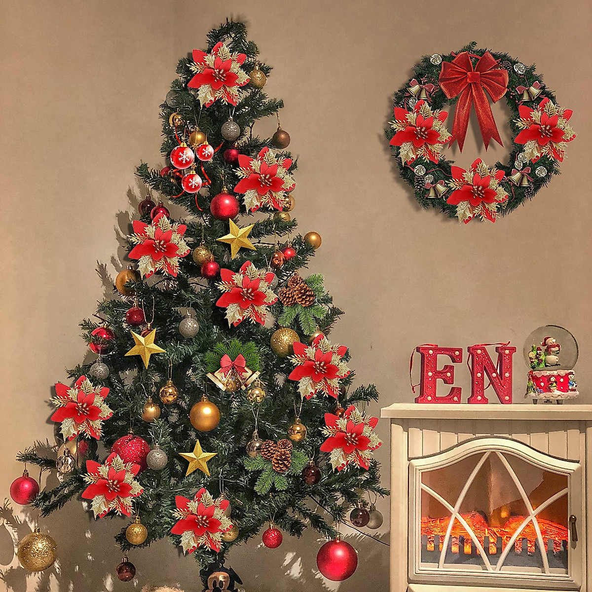 N&T NIETING 24Pcs Poinsettias Artificial Christmas Flowers, 5 inch Glitter Christmas Flowers Artificial for Decoration, Xmas Fake Flowers, Red and Gold