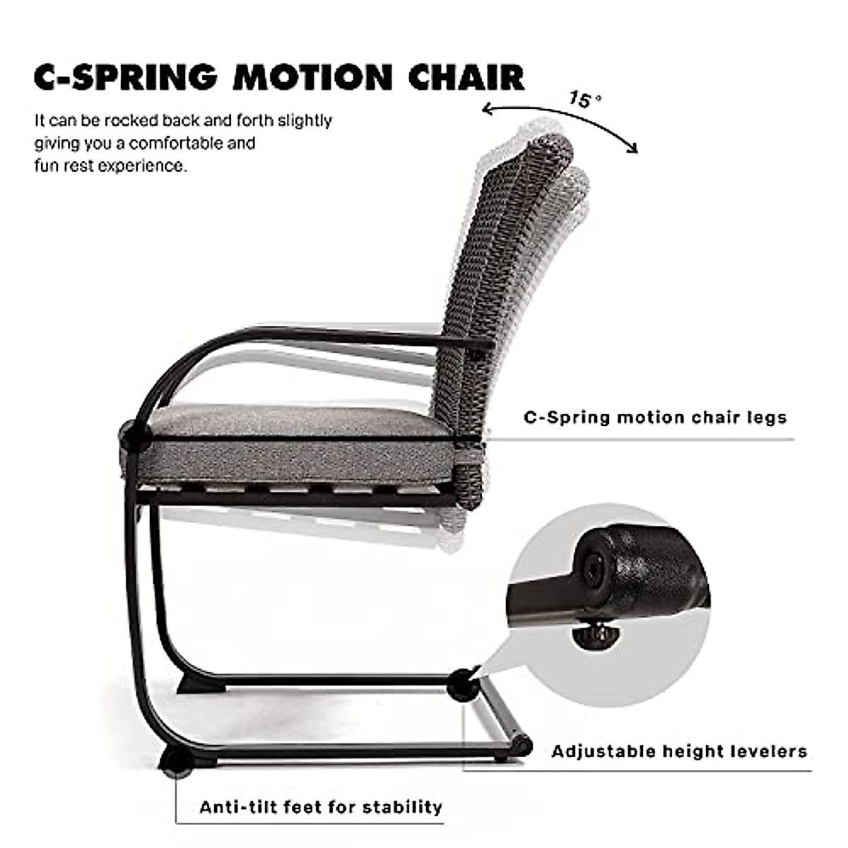 Grand patio 3 Piece Bistro Set, Outdoor Patio Rocking Wicker Chairs with Removable Cushions and Small Coffee Table, Heavy Duty Funiture Set for Porch, Balcony, Patio, Deck Backyard, Garden, Grey