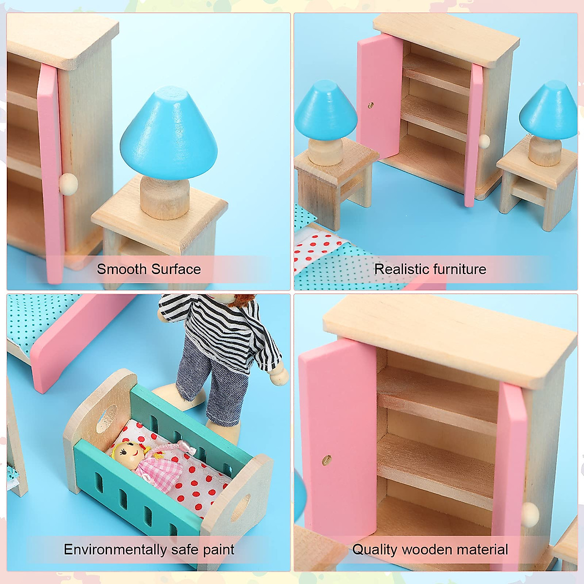 Wooden Dollhouse Furniture Doll House Furnishings with 8 Pieces Winning Doll Family Set, Dollhouse Accessories for Miniature Dollhouse, Family Figures Imaginative Play Toy (Cute Style)