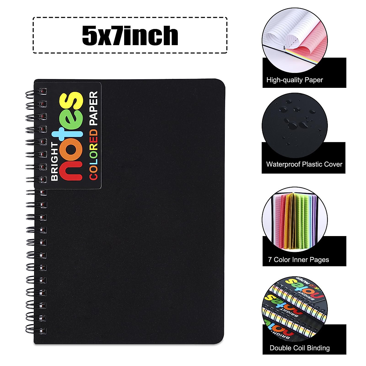 EOOUT 4 Pack Spiral Notebook 5 x 7 Inches College Ruled Note Journals, Poly Cover 7 Bright Neon Colored Lined Paper Memo Pads 100 Sheets/200 Pages for School