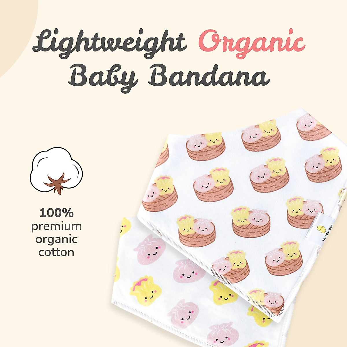 The Wee Bean Organic Cotton Bandana Bibs 2pcs Set, Baby Bandana Drool Bibs for Boys Girls Unisex, Teething and Drooling, Absorbent Layers - Dim Sum Hargow Siu Mai