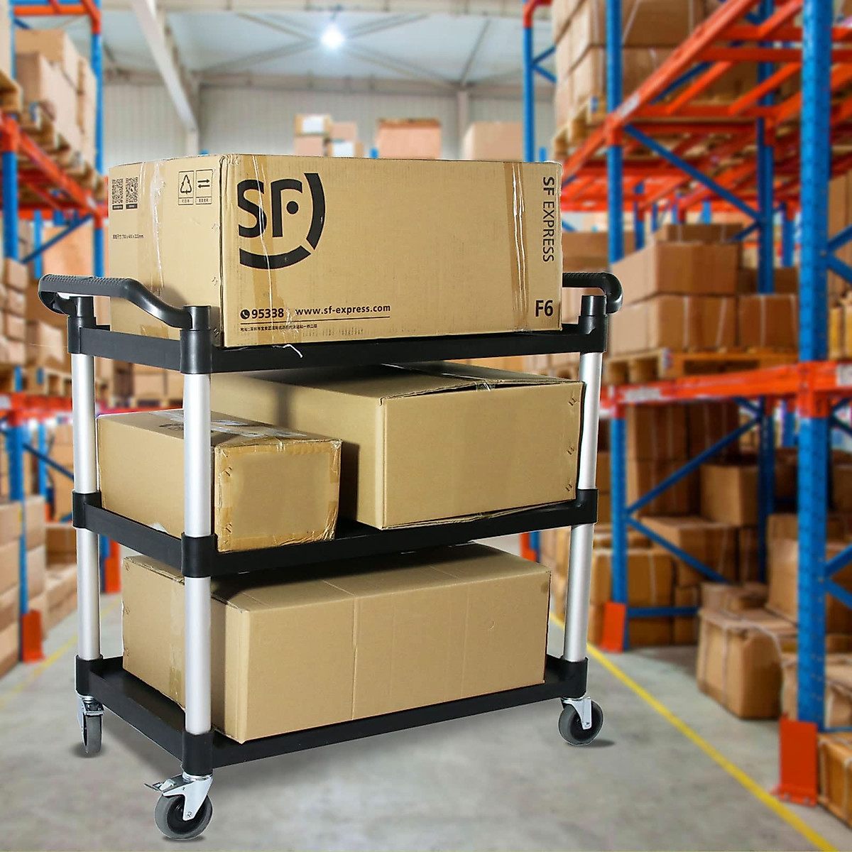 Abacad Plastic Commercial Cart Large Size, Restaurant Cart with Wheels Lockable, Heavy Duty Utility Service Cart for Foodservice, Commercial,Office, Warehouse, Black, 40.15X 19.29x 38.97 inches.