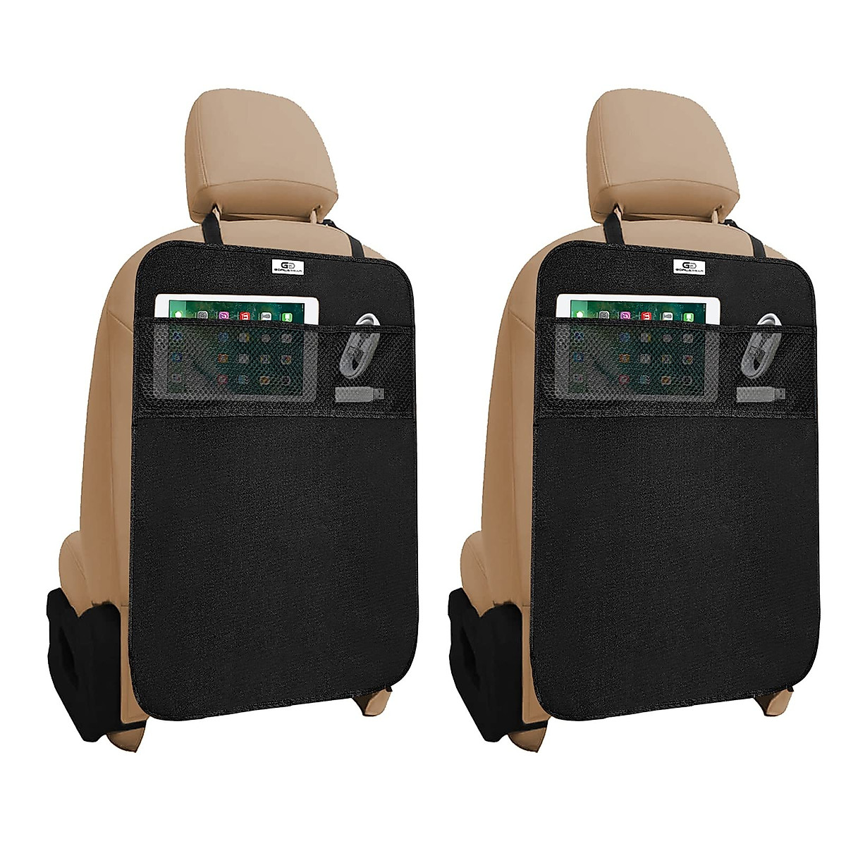 Gorla Gear Black Heavy Duty Kick Mats Back Seat Protector 2 Pack Car Seat Organizer Protection from Booster Seat Baby Toddler Kids Kicking Upgraded Bungee Hooks Universal Fit in Auto Trucks Vans SUV