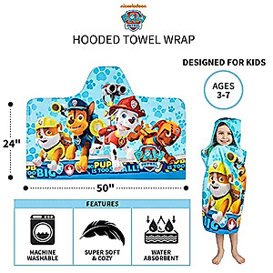 Franco Kids Bath and Beach Soft Cotton Terry Hooded Towel Wrap, 24" x 50", Paw Patrol Blue