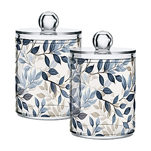 Blue Gray Leaves Qtip Holder 2Packs Apothecary Jars with Lids Cotton Ball Holder Bathroom Organizer Dispenser Plastic Jar for Floss Vanity Cotton Pad Swab Room Home Decor