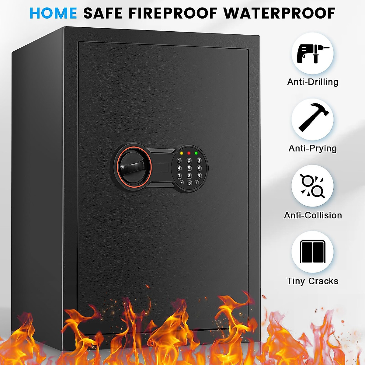 2.8 Cub Large Home Safe Fireproof Waterproof, Steel Home Security Safe Box with Electronic Keypad, Spare Keys and Alarm System, Fireproof Safe for Home Document Money Valuables