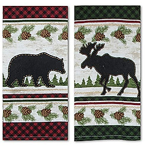 Woodland Moose and Bear Kitchen Terry Towel 2-PC Set Mountain Cabin Woldlife Lodge
