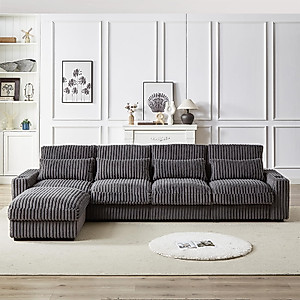 Convertible Sectional Couch Modular Sofa with Movable Ottoman,126" Upholstered Corduroy L Shaped Couch with USB Port&Cup Holder,Oversized Comfy Cloud Couch,Modern Sofa for Living Room(4 Seater,Grey)