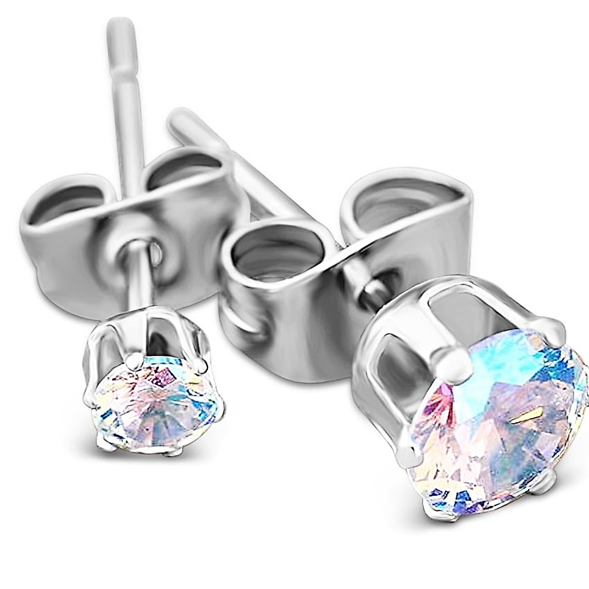 5 Pairs of Surgical Stainless Steel Aurora Borealis Crystal CZ Stud Earrings 3,4,5,6, & 7mm