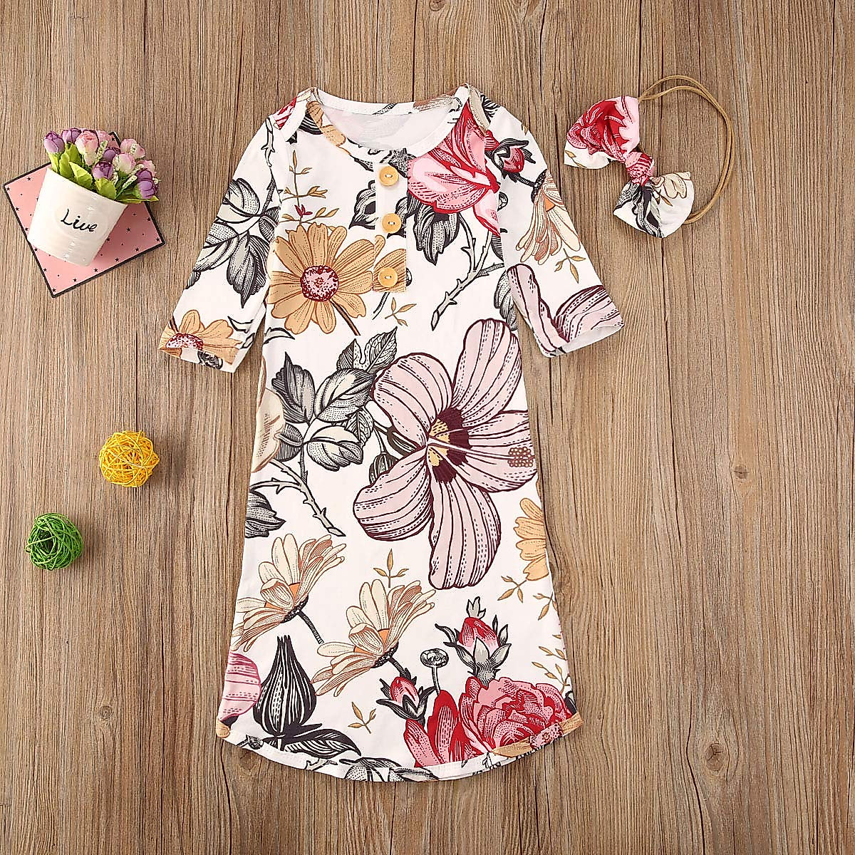 Mubineo Newborn Infant Baby Girl Boy Floral Print Cotton Sleeper Gown with Headband Outfits (X-a Beige, 0-3 Months)