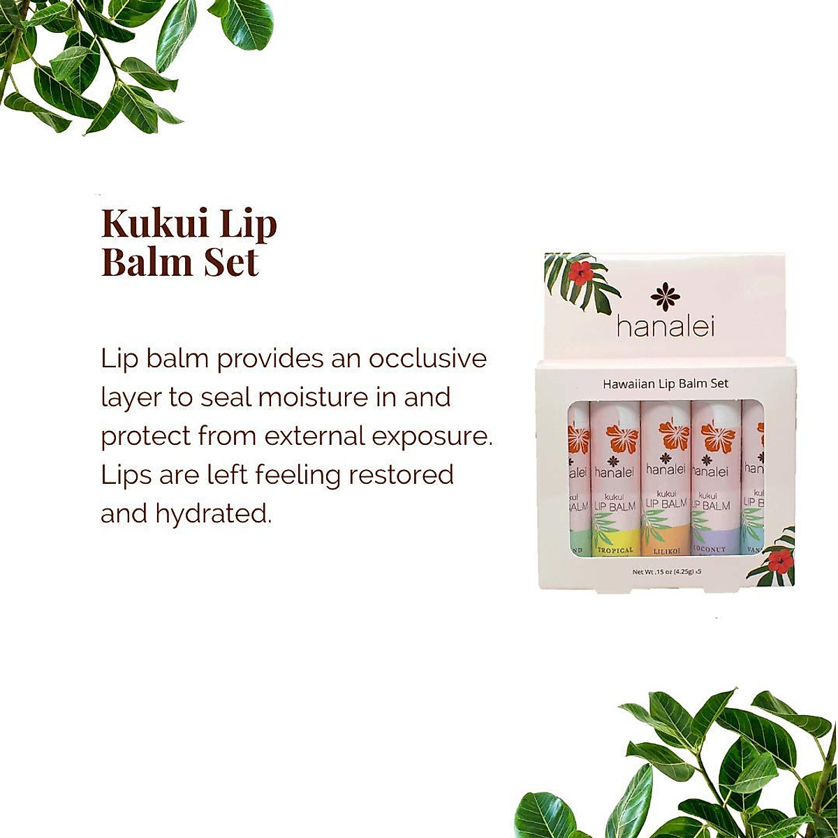 Hanalei Lip Balm and Moisturizer - Natural Kukui Oil, Beeswax Lip Moisturizer - Replenish and Repair Dry, Chapped Lips - Variety Pack(5 sticks)