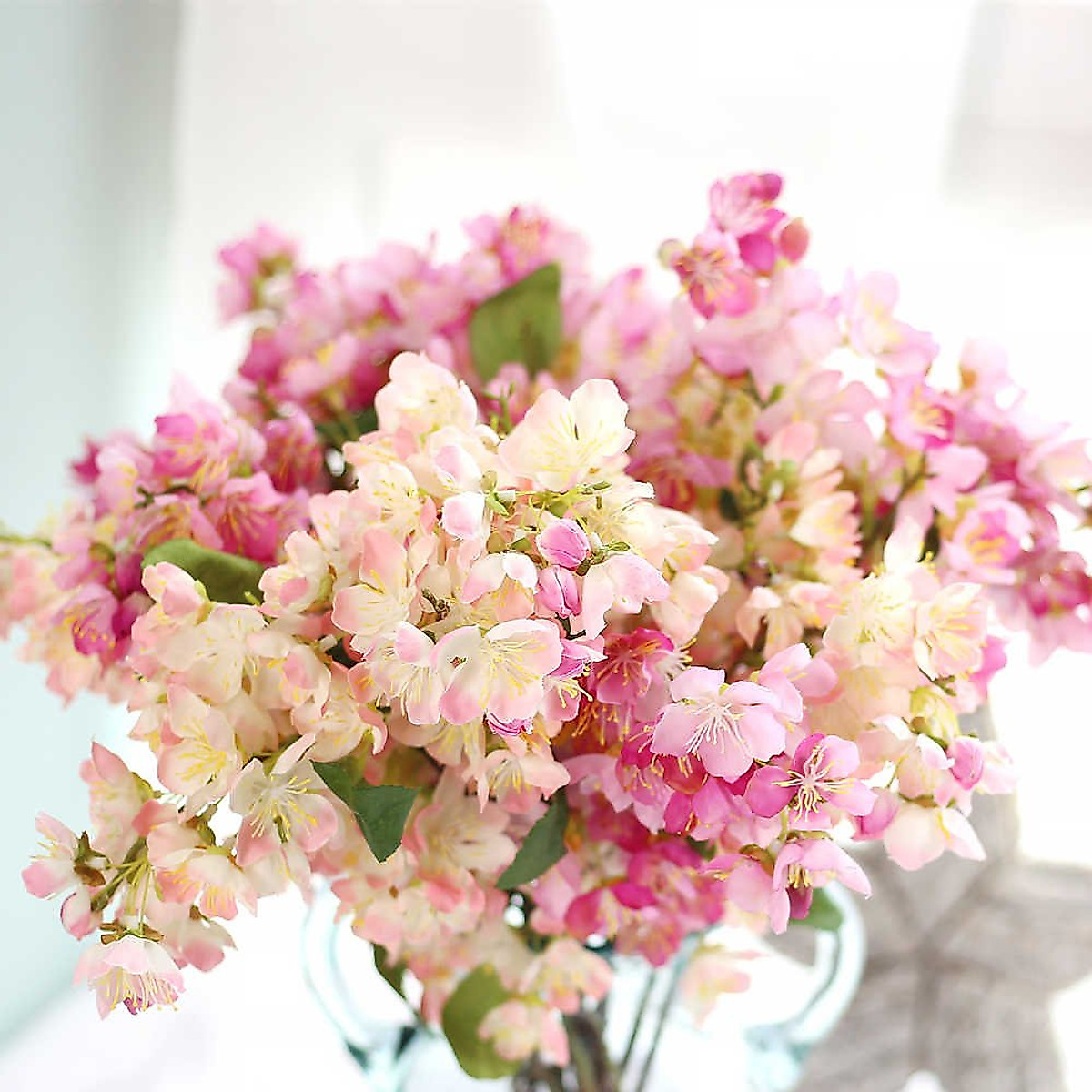 Artificial Flowers, Fake Flowers Silk Artificial Cherry Blossom Bridal Wedding Bouquet for Home Garden Party Wedding Decoration 3 Pcs (Red & Light Pink)