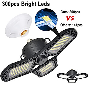 HengBo LED Garage Light, 80W Deformable Aluminum Bright Garage Ceiling LED Light with 3 Adjustable Panels, 8000LM 6500K Daylight E26 Base Trefoil Lamp with Light Socket for Garage, Warehouse, Workshop