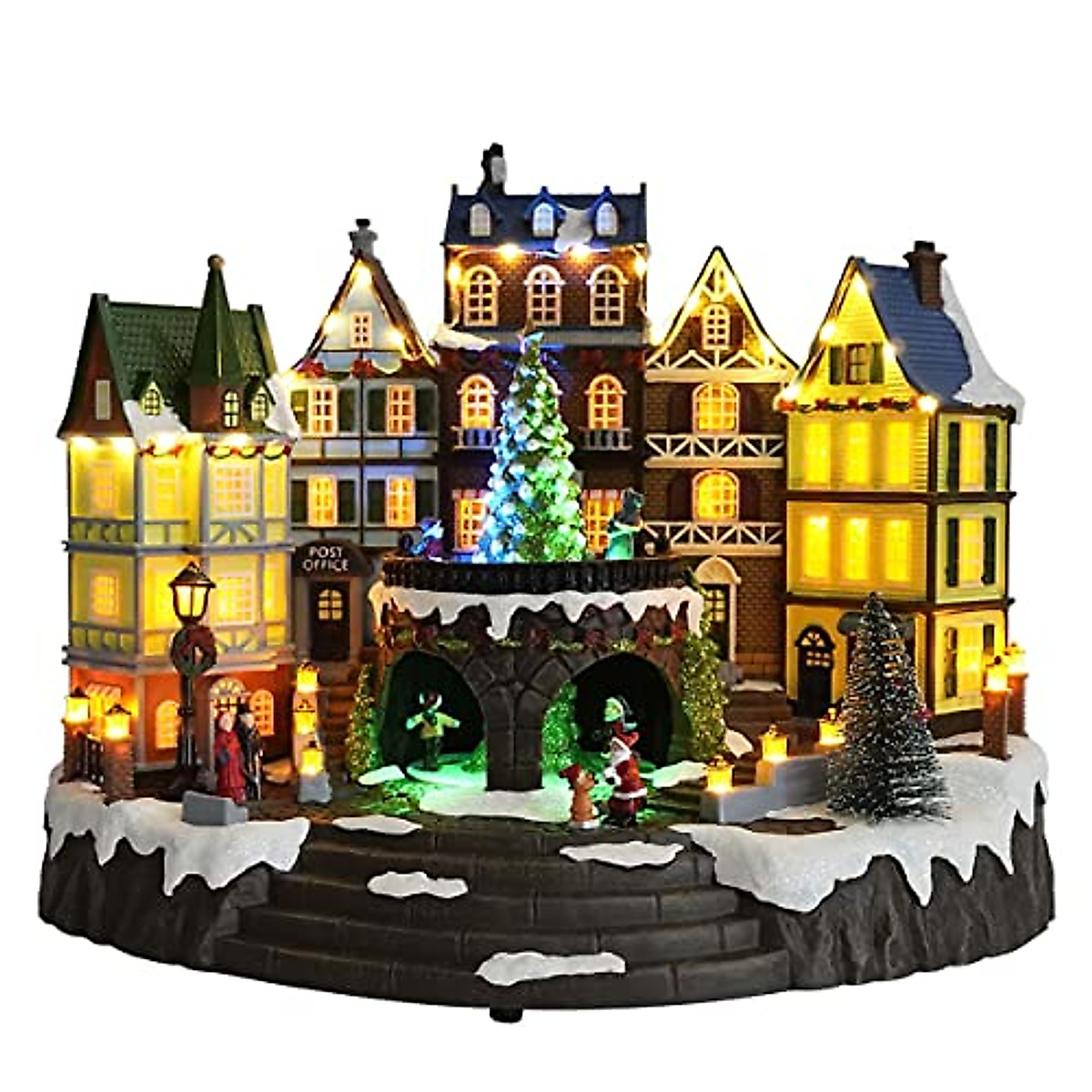 YQQY Christmas Village House, 12.4" H Large Size, Colourful LED Lights with Christmas Music, Rotating Christmas Trees and Roller Skaters, Christmas Decoration for Home (Yellow)