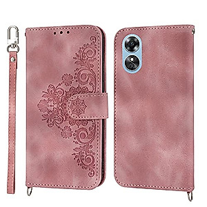 ONV Case for Oppo A17 4G - Flower Embossed Flip Phone Case Card Holder Magnet with Lanyard PU Leather + Soft Shell Wallet Cover for Oppo A17 4G [DEF] -Pink