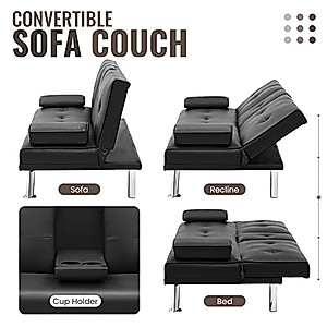 DKLGG Modern Futon Sofa Bed Faux Leather Convertible Recliner Couch with 2 Cup Holders, Armrest and Metal Legs Home Furniture (Dark Black)