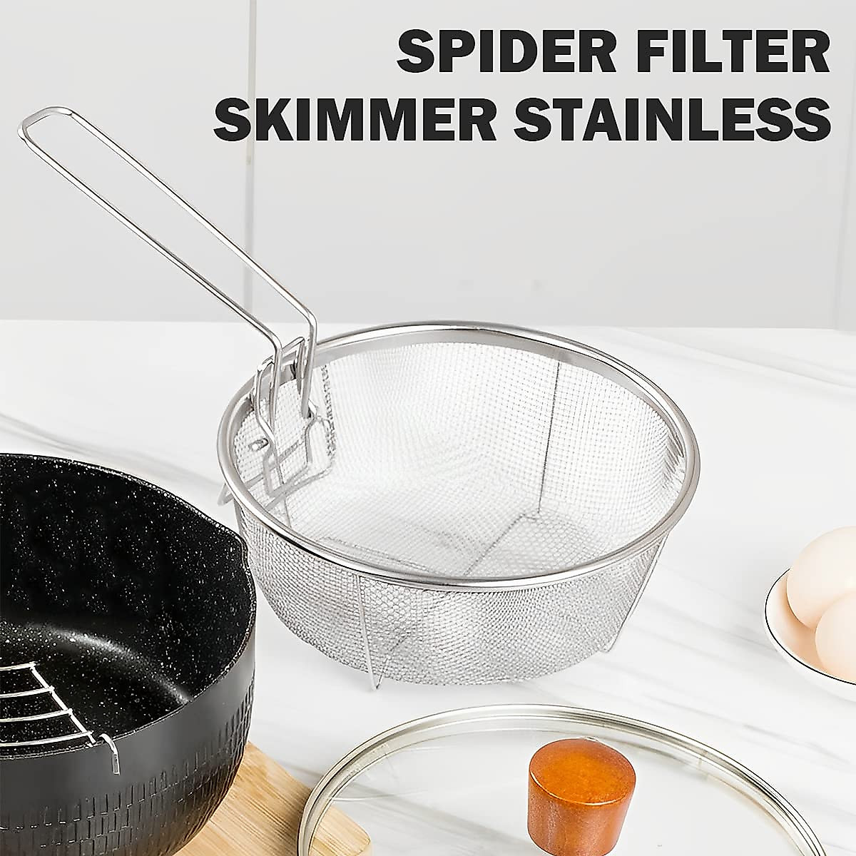 ANRONCH Stainless Steel Deep Fry Basket, Multifunctional Foldable Drain Basket Round Wire Mesh French Chip Frying Serving Food Presentation Tableware with Folding Handles