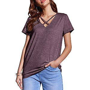 Esobo Women T Shirts 2024 Summer Tops Loose Short Sleeve Tee Casual V Neck Tunics Sexy Crisscross Cute T Purple L