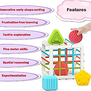MINGKIDS Montessori Toys for 1 Year Old,Baby Sorter Toy Colorful Cube and 6 Pcs Multi Sensory Shape,Developmental Learning Toys for Girls Boys Easter Gifts,Baby Toys 6-12-18 Months