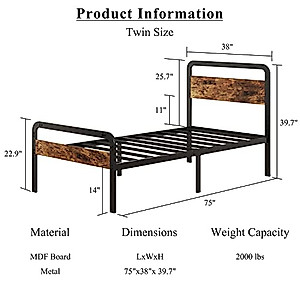 Upcanso Twin Size Bed Frame with Wood Headboard and Footboard, Platform Twin Bed Frames No Box Spring Needed with Heavy Duty Slats for Kids, Easy Assembly
